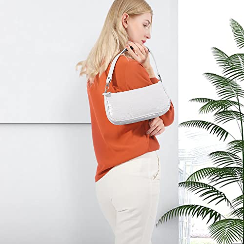 Loiral Shoulder Bags for Women, Retro Classic Tote HandBag Crocodile Pattern Clutch Mini Purse with Zipper Closure, White