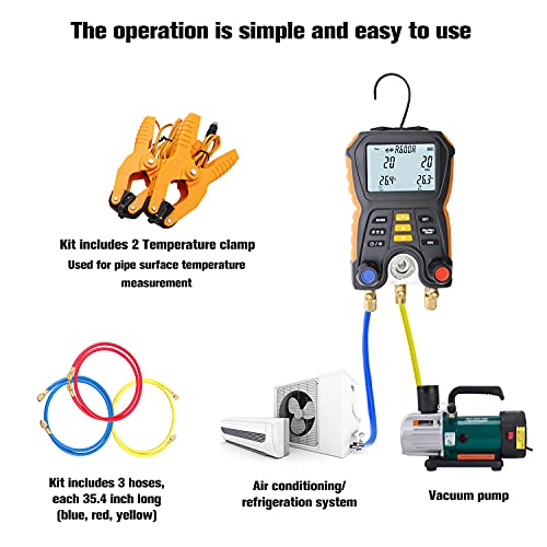 Digital Manifold Gauge Set, Vacuum Pressure Temperature Leakage Tester for Air Conditioning Systems and Heat Pumps, HT-750