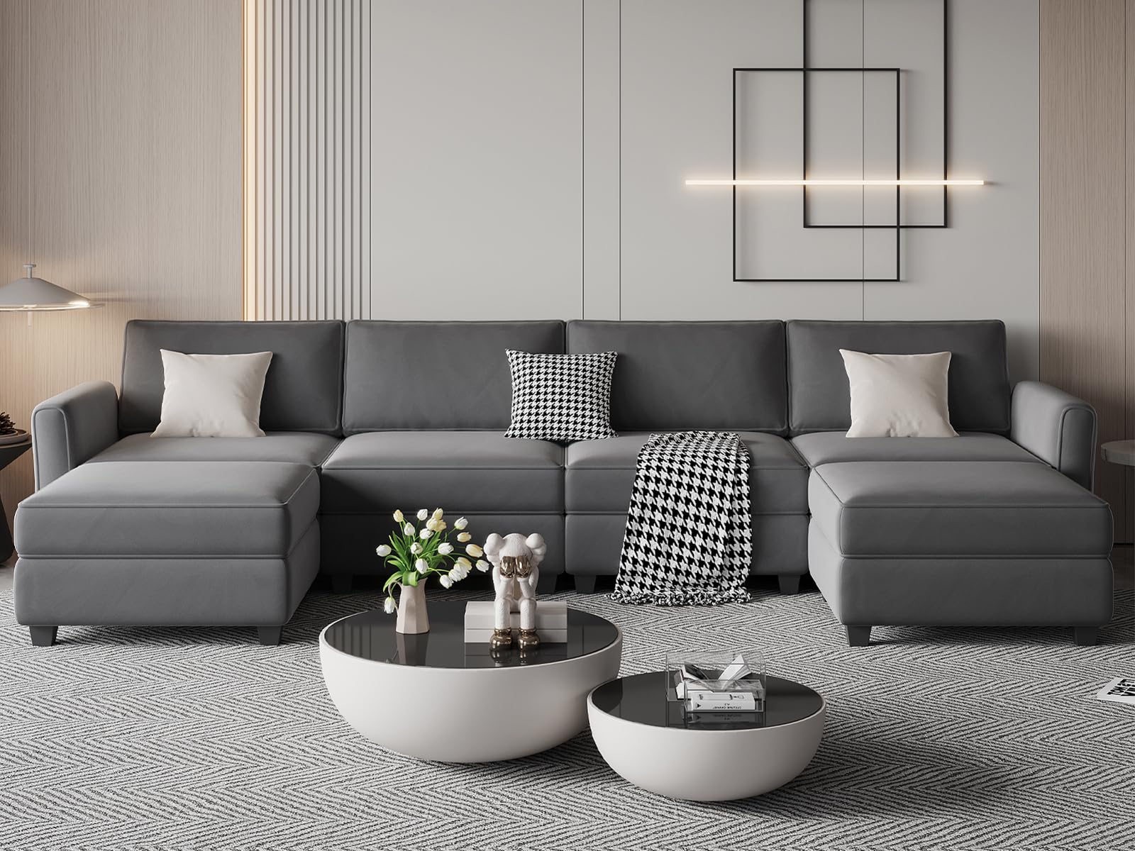Modular Sectional Sofa U Shaped Sectional Couch with Reversible Chaise, Sleeper Velvet Modular Couch with Storage Seat for Living Room Furniture Sets Grey