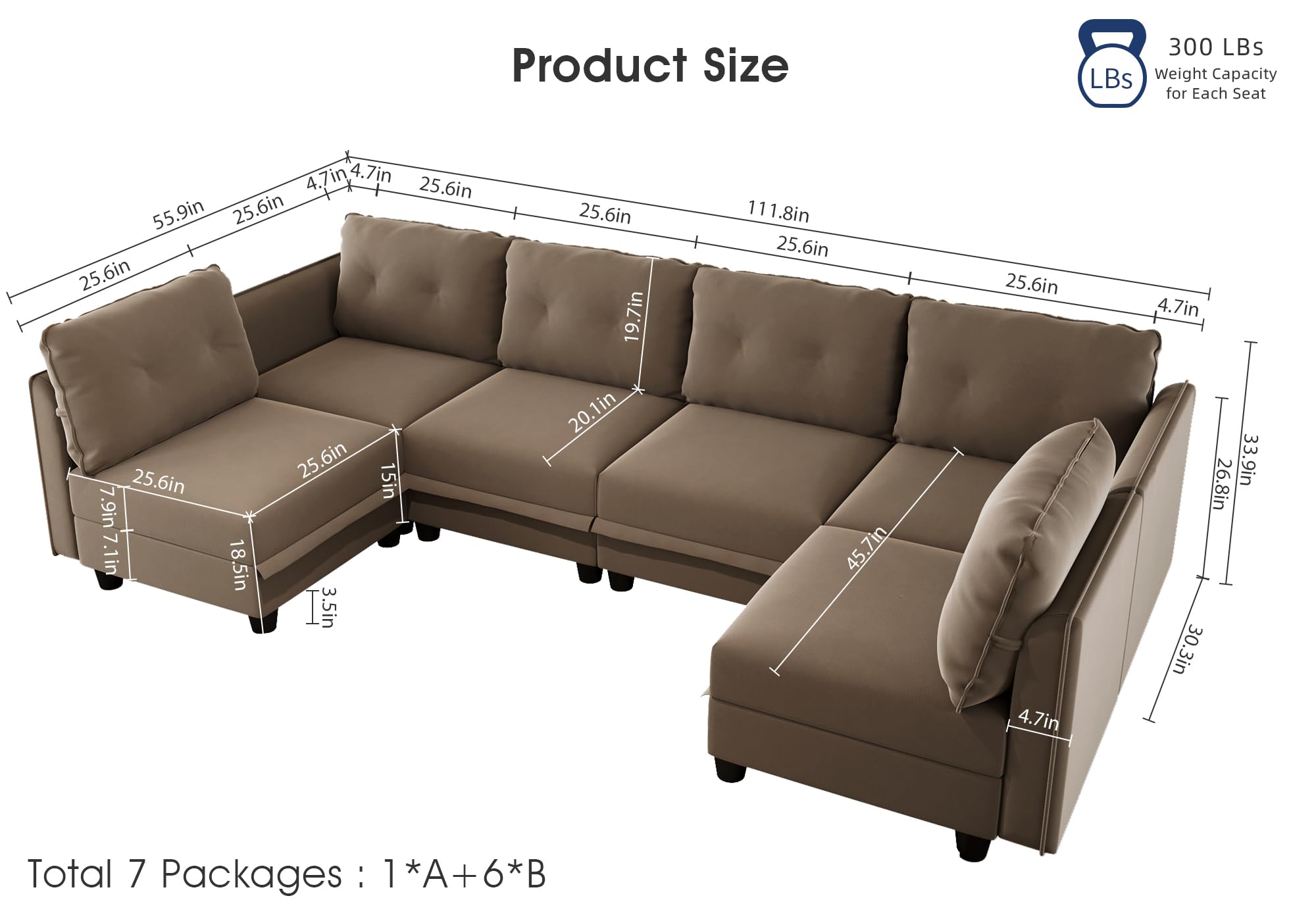 LLappuil Modular Sectional Sofa with Storage U Shaped Couch with Reversible Chaise Velvet Waterproof Anti-Scratch Sofas for Living Room 6 Seats Grey Brown