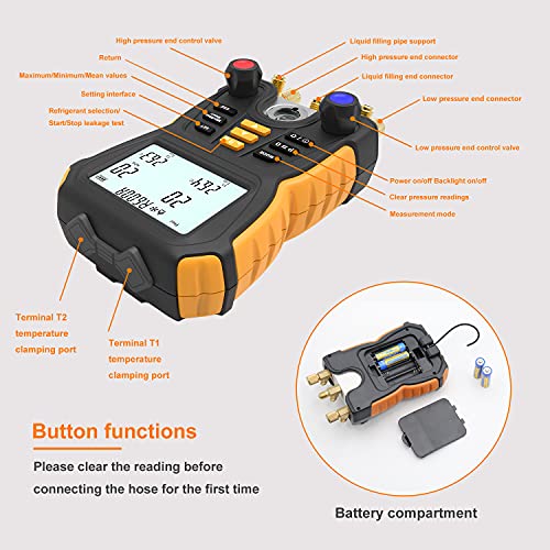 Digital Manifold Gauge Set, Vacuum Pressure Temperature Leakage Tester for Air Conditioning Systems and Heat Pumps, HT-750
