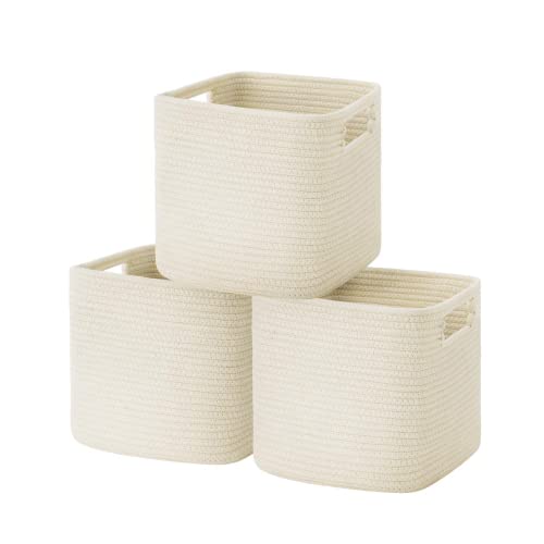 UBBCARE Set of 3 Cotton Rope Basket 11 X 10.5 X 10.5 Inches，Storage Baskets for Shelves, Woven Baskets for Organizing with Handles, Cube Storage Bins for Storage Books, Magazines, Toys, Beige