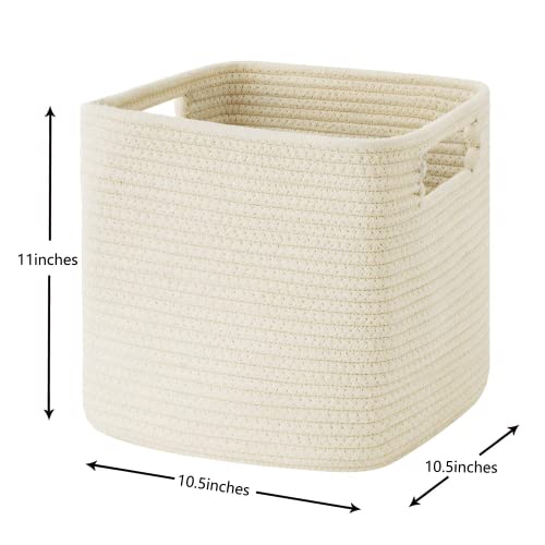 UBBCARE Set of 3 Cotton Rope Basket 11 X 10.5 X 10.5 Inches,Storage Baskets for Shelves, Woven Baskets for Organizing with Handles, Cube Storage Bins for Storage Books, Magazines, Toys, Beige