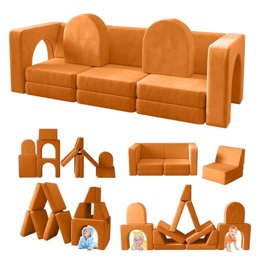 wanan Kids Couch 12PCS, Modular Kids Play Couch for Playroom Bedroom, 12 in 1 Multifunctional Kids Sofa for Playing, Creativing, Sleeping, Indoor Toddler Couch for Boys and Girls (Light Brown)