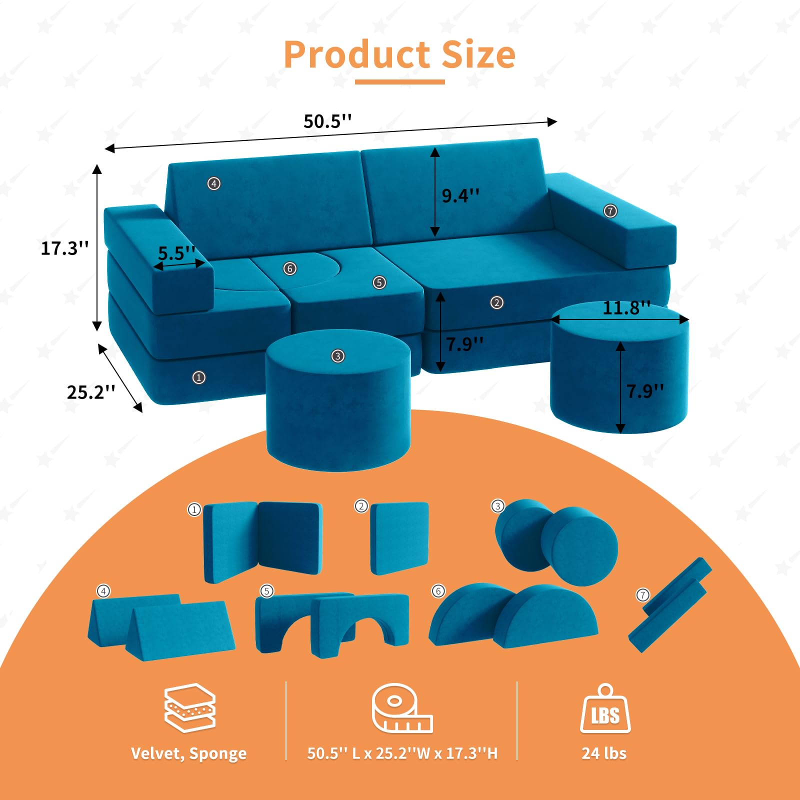 DEYGIA Modular Kids Play Couch, 13PCS, Kids Couch for Playroom, Modular for Boys and Girls, Blue, M