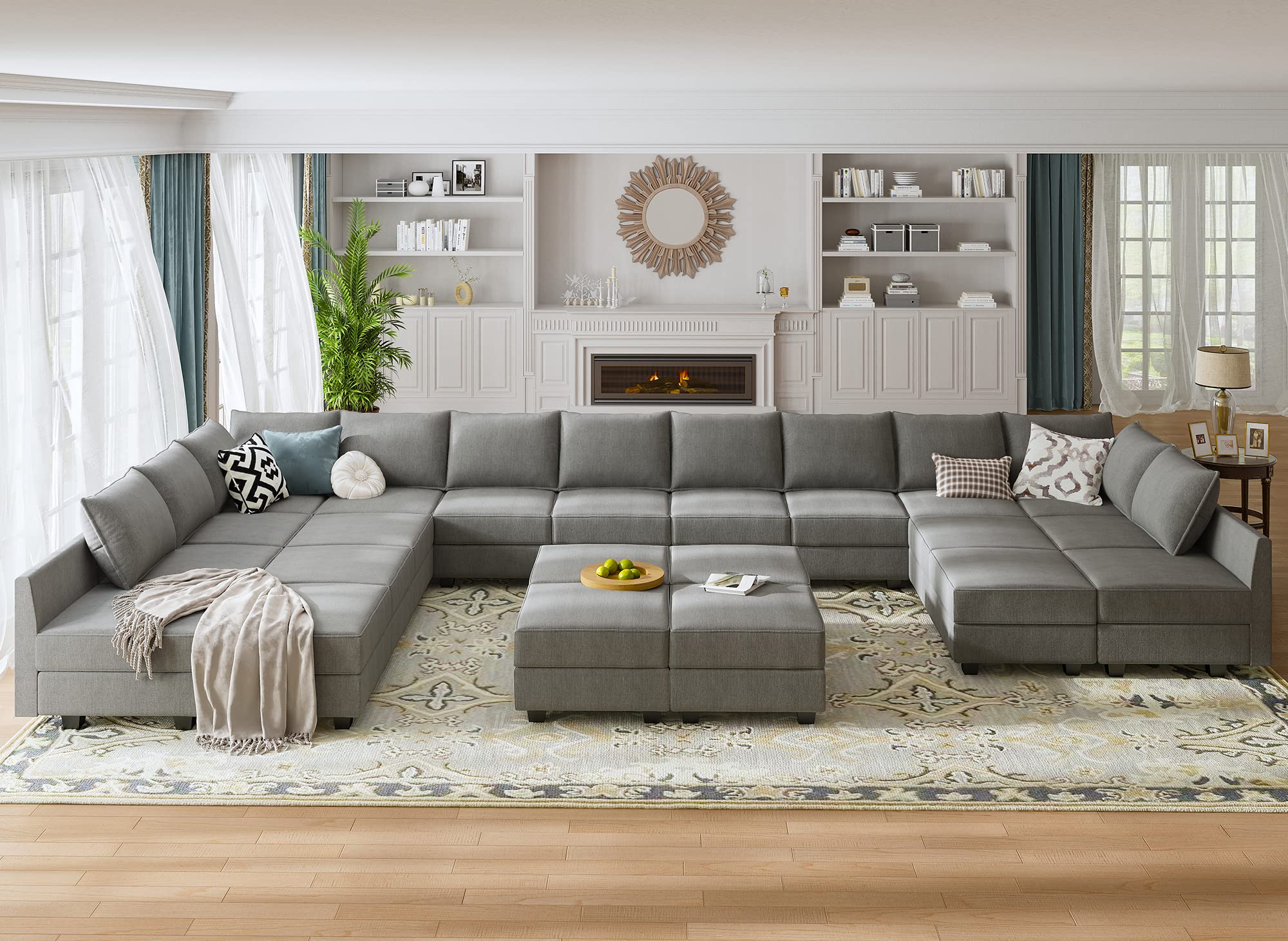 HONBAY Oversized Modular Sofa Couch with Ottoman U Shape Sectional Couch with Chaise Large Sleeper Modular Sectional Sofa with Storage Seats, Grey