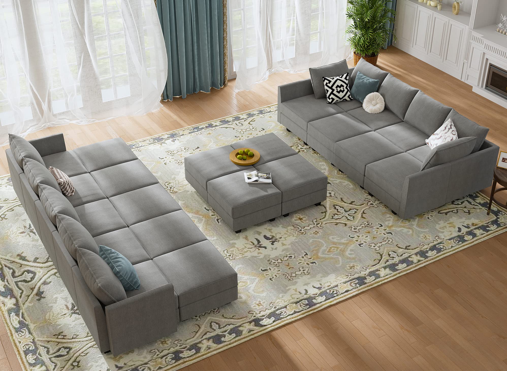 HONBAY Oversized Modular Sofa Couch with Ottoman U Shape Sectional Couch with Chaise Large Sleeper Modular Sectional Sofa with Storage Seats, Grey