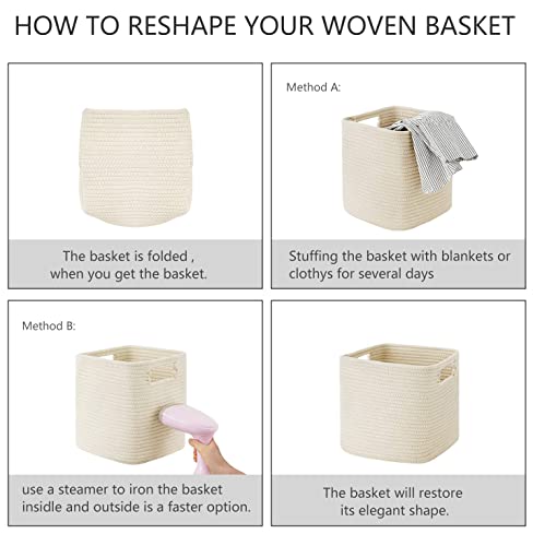 UBBCARE Set of 3 Cotton Rope Basket 11 X 10.5 X 10.5 Inches,Storage Baskets for Shelves, Woven Baskets for Organizing with Handles, Cube Storage Bins for Storage Books, Magazines, Toys, Beige