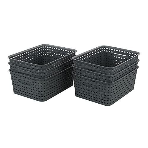 Waikhomes Set of 6 Plastic Weave Storage Basket, Small Organizer Basket Bin (Grey), T