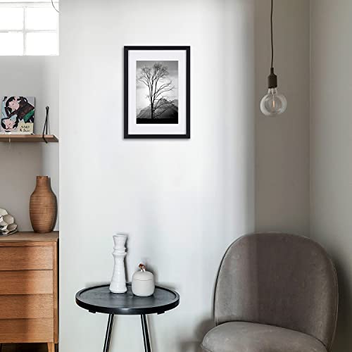 Tree Mountain Wall Art Black and White Landscape Picture Framed Canvas Print in White Matte and Black Framed 11x16 Inch Modern Artwork for Kitchen and Home or Living Room Decor