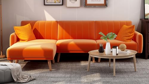 UPHYB L-Shaped Orange Velvet Sectional Recliner Sofa Couch, 105" Modern Convertible Sleeper Sofa Bed with Adjustable Backrest, 3 Seat Sofa Set with Ottoman and 2 Pillows for Living Room and Apartment