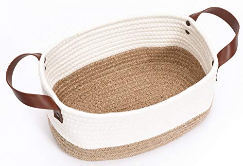 ZFRXZ Small Cotton Rope Basket with Handles, Oval Woven Basket Diaper Caddy, Storage Bins Toy Organizer, Baby Basket (White-Jute, 12"×8"×5")
