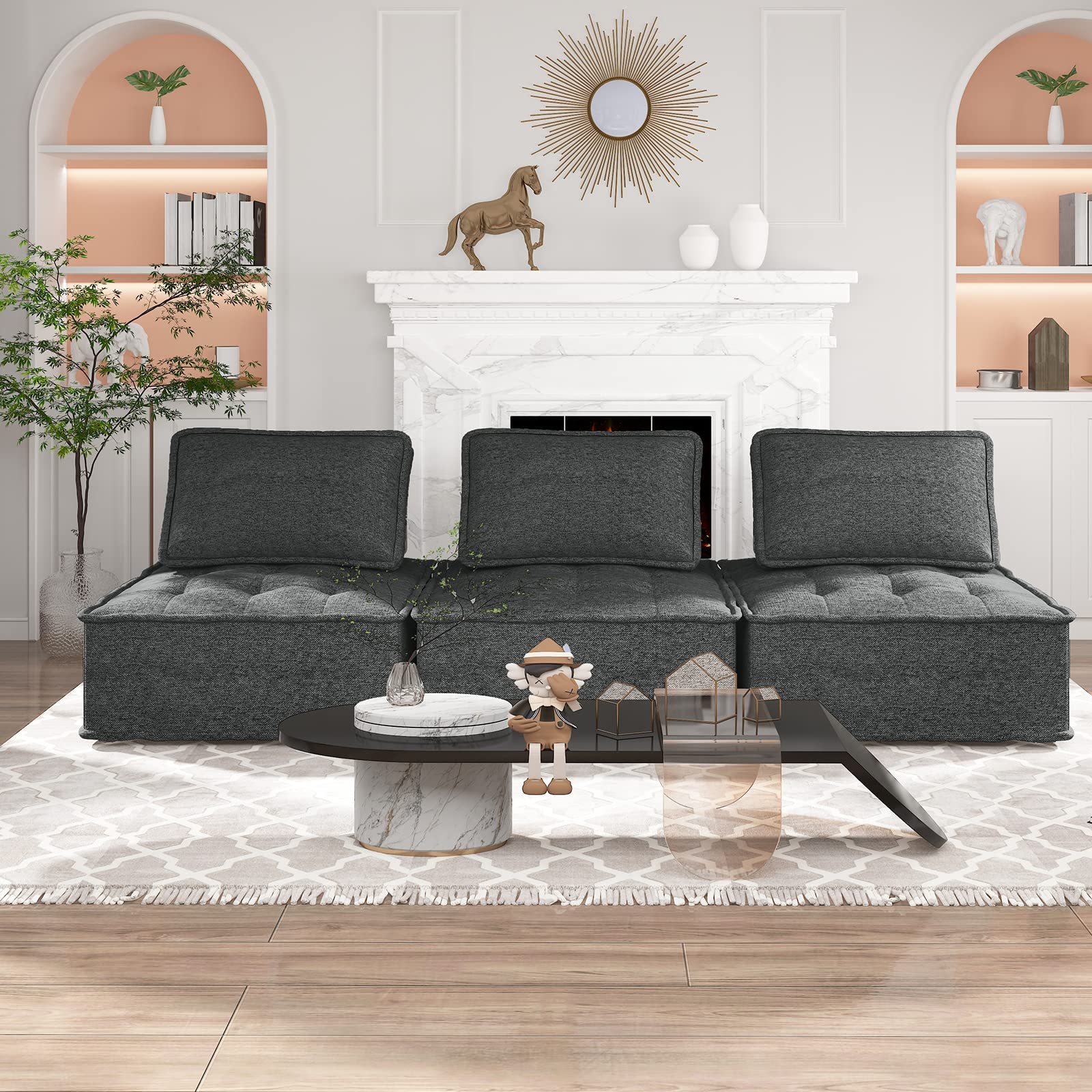 ZAFLY Modular Sectional Sofa Convertible L Shaped U Shaped Couch Sofa Living Room Furniture Sets Modern Armless Floor Sofa Couch for Living Room Bedroom, 3PCS (Dark Gray), Dark Grey