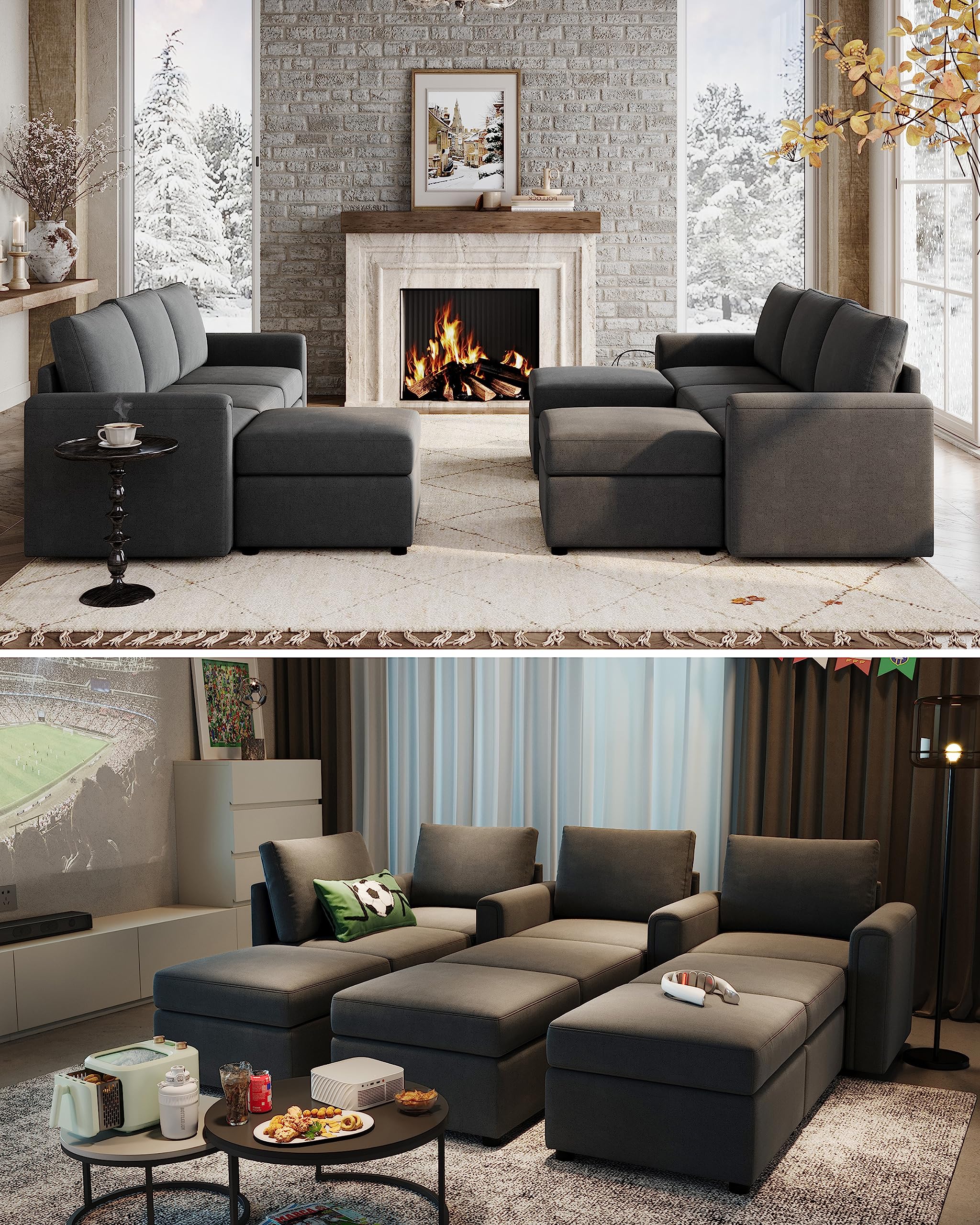 LINSY HOME Modular Sectional Sofa, Oversized Sectional Couch with Storage, Ottomans, Modular Sectional Sleeper Sofa with Memory Foam, 9 Seat U Shape Sofa Set for Living Room, Dark Grey