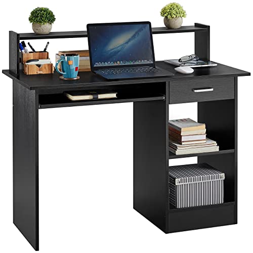 Yaheetech Home Office Wood Computer Desk with Drawers and Pull-Out Keyboard Tray, Study Writing Desk PC Laptop Table with Hutch and Storage Shelves, Modern Workstation, Black