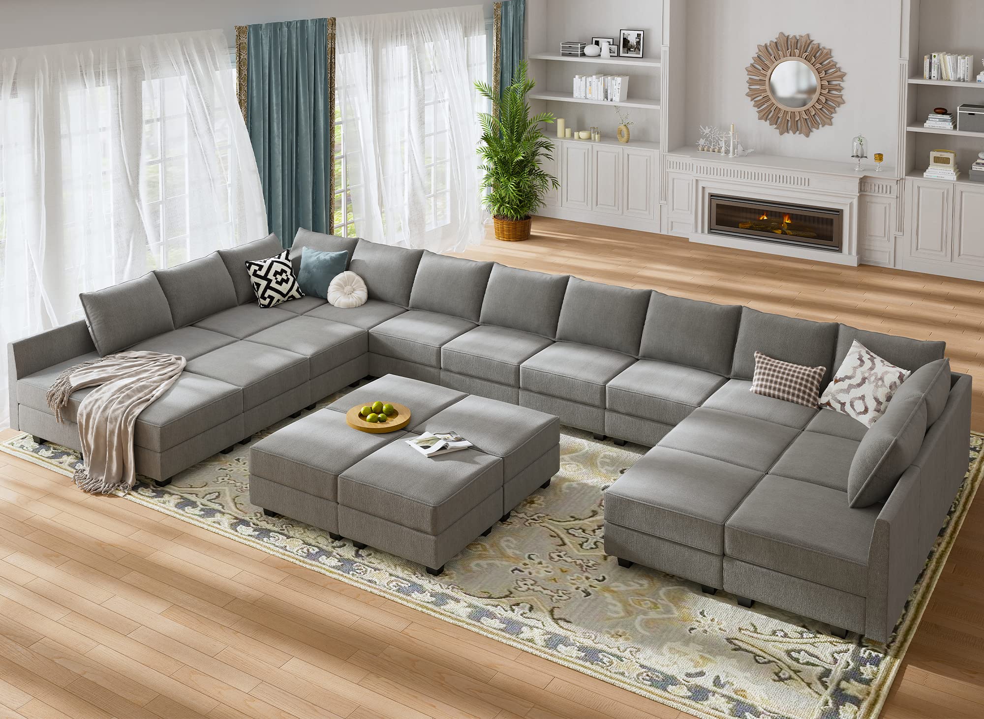 HONBAY Oversized Modular Sofa Couch with Ottoman U Shape Sectional Couch with Chaise Large Sleeper Modular Sectional Sofa with Storage Seats, Grey
