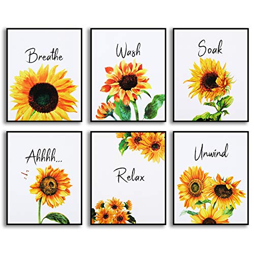 6 Pieces Sunflower Bathroom Decor Accessories Yellow Bathroom Decor Relax Soak Unwind Wall Painting Art Women Girls College Living Room Bathroom Nursery, No Frame (Stylish Color)