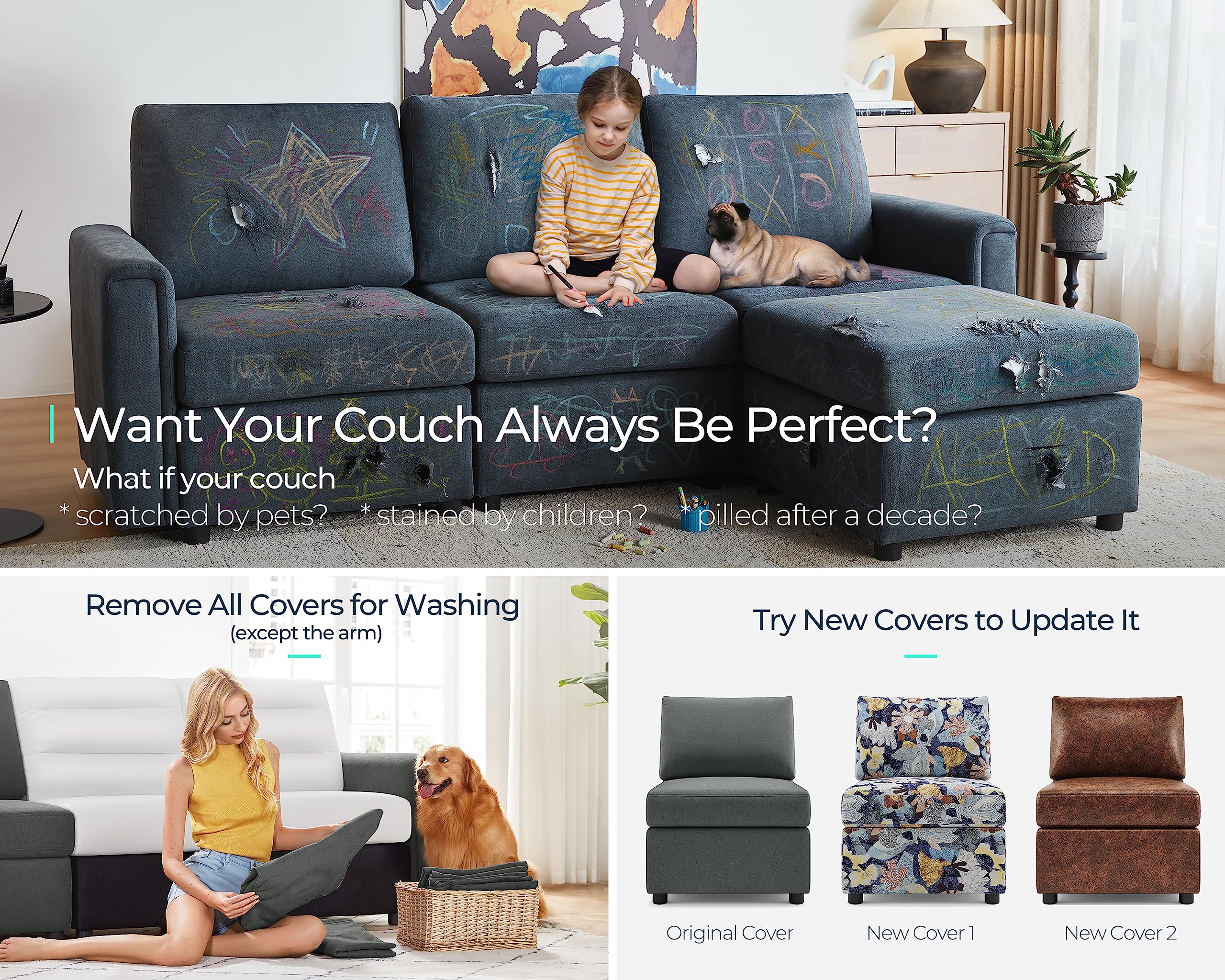 LINSY HOME Modular Sectional Sofa, Oversized Sectional Couch with Storage, Ottomans, Modular Sectional Sleeper Sofa with Memory Foam, 9 Seat U Shape Sofa Set for Living Room, Dark Grey