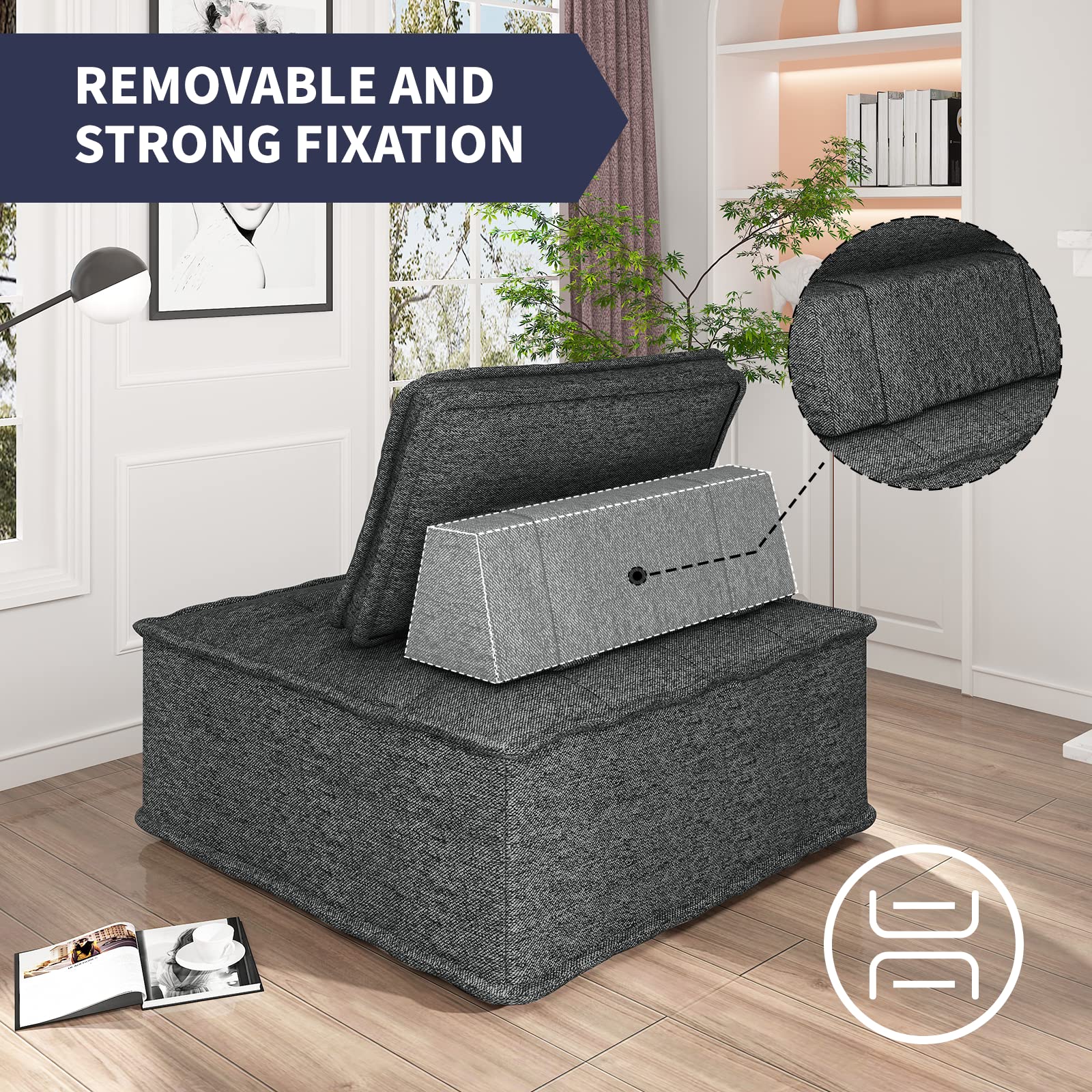 ZAFLY Modular Sectional Sofa Convertible L Shaped U Shaped Couch Sofa Living Room Furniture Sets Modern Armless Floor Sofa Couch for Living Room Bedroom, 3PCS (Dark Gray), Dark Grey