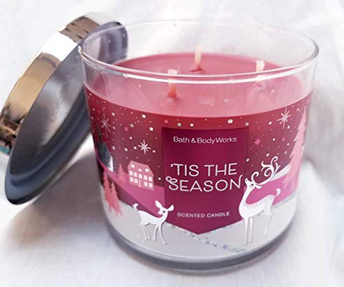 White Barn Candle Company Bath and Body Works 3-Wick Scented Candle w/Essential Oils - 14.5 oz - 'Tis The Season (Rich Red Apple, Sweet Cinnamon, Cedarwood)