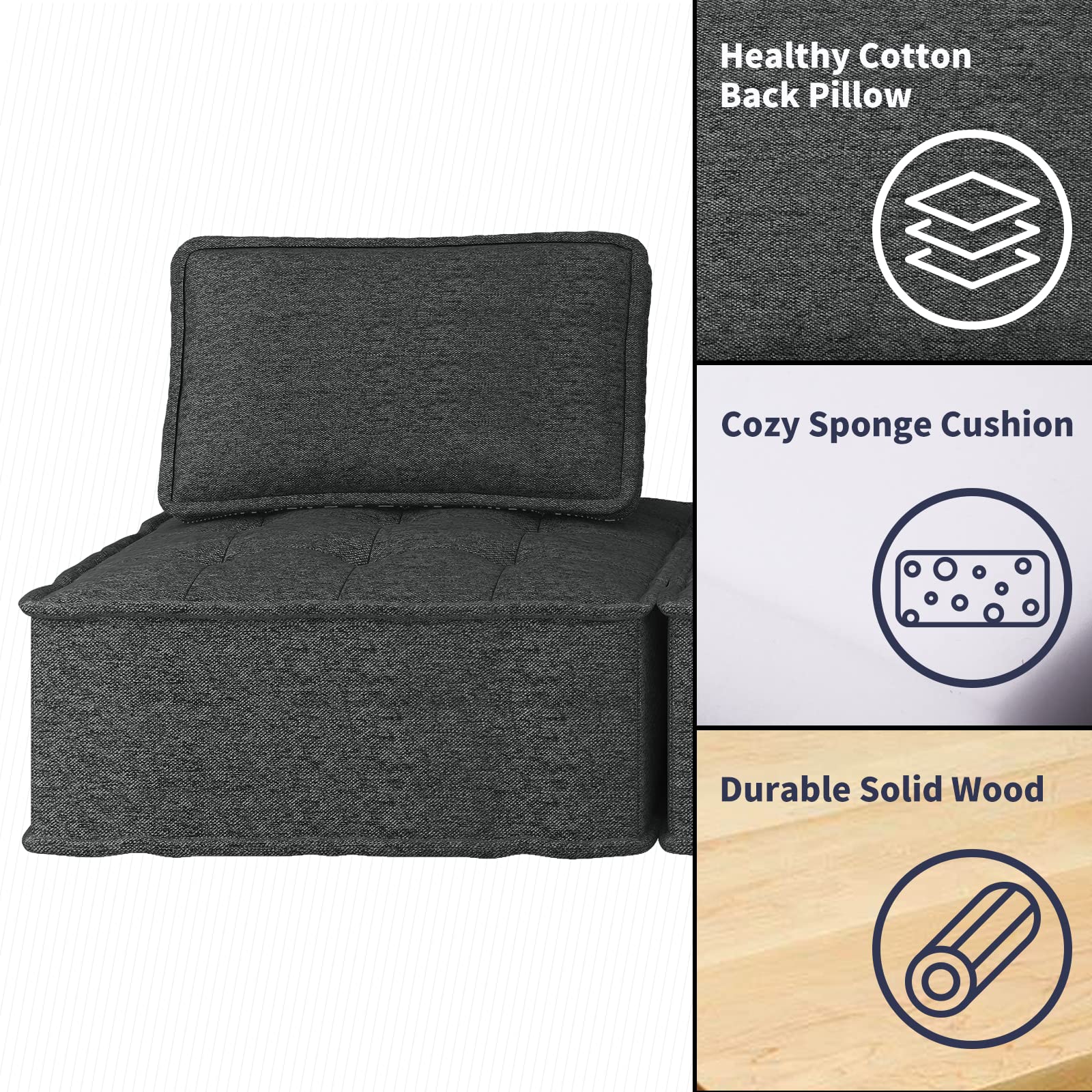 ZAFLY Modular Sectional Sofa Convertible L Shaped U Shaped Couch Sofa Living Room Furniture Sets Modern Armless Floor Sofa Couch for Living Room Bedroom, 3PCS (Dark Gray), Dark Grey