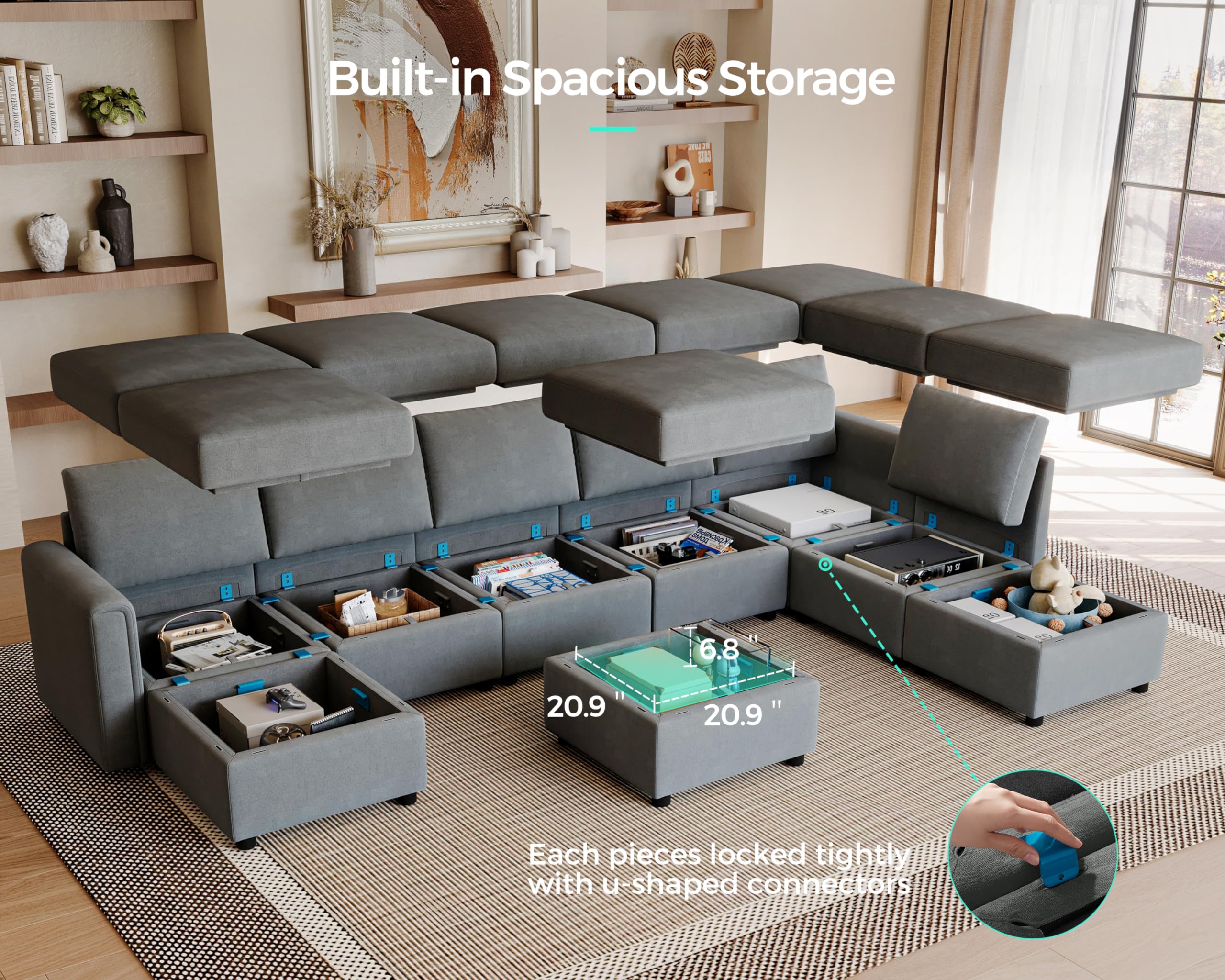 LINSY HOME Modular Sectional Sofa, Oversized Sectional Couch with Storage, Ottomans, Modular Sectional Sleeper Sofa with Memory Foam, 9 Seat U Shape Sofa Set for Living Room, Dark Grey