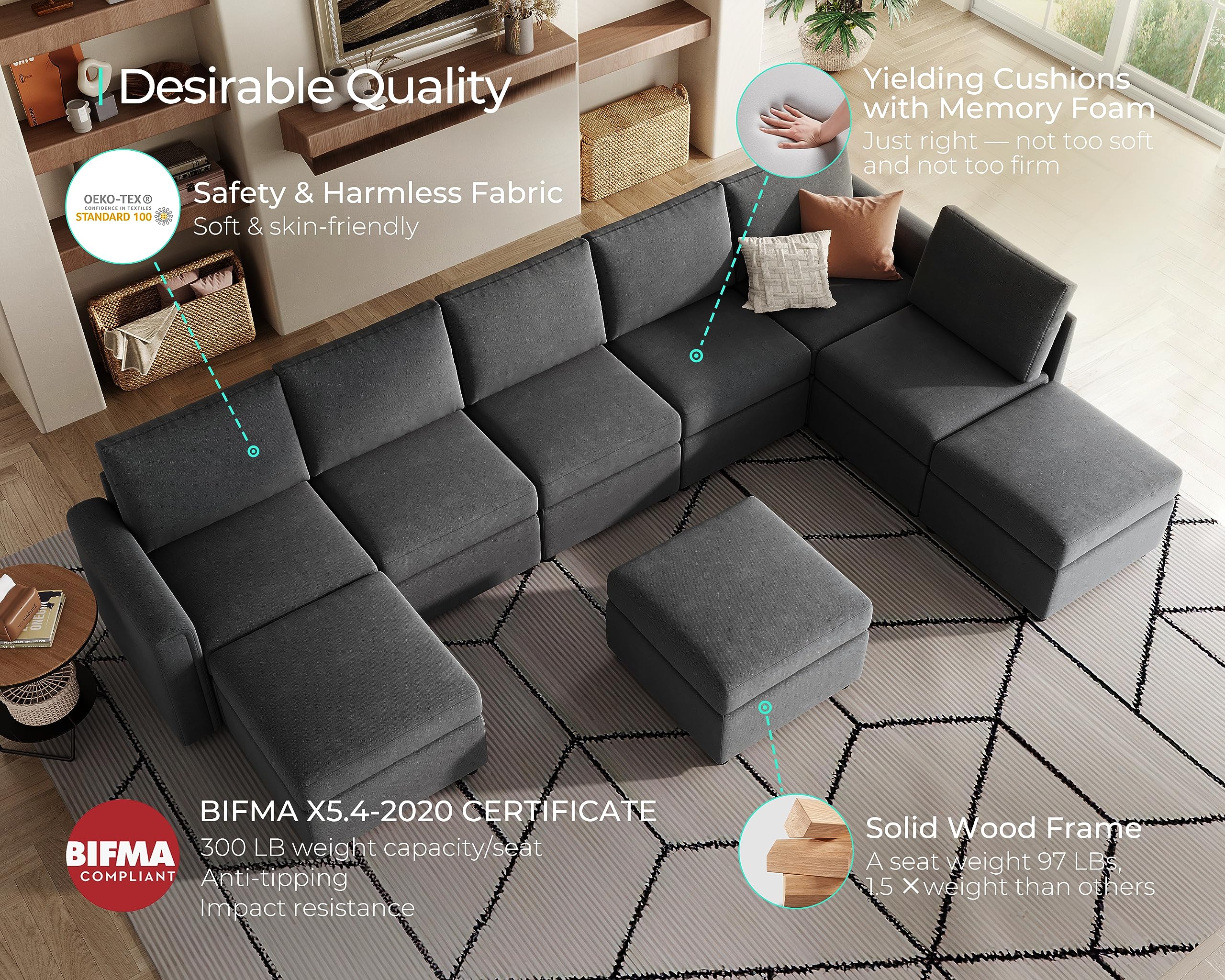 LINSY HOME Modular Sectional Sofa, Oversized Sectional Couch with Storage, Ottomans, Modular Sectional Sleeper Sofa with Memory Foam, 9 Seat U Shape Sofa Set for Living Room, Dark Grey