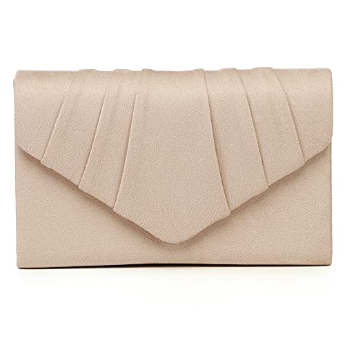 Labair Women's Evening Handbags Pleated Suede Evening Bag Velvet Clutch Bag Wedding Bridal Dress Purse. (Nude)
