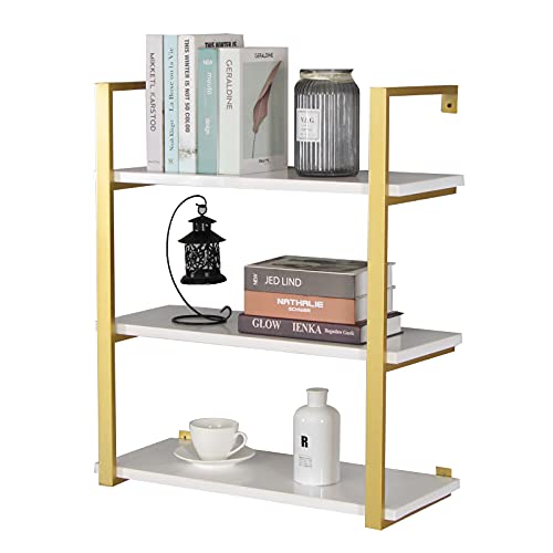 SSS Furniture 3-Tier Modern Rustic Floating Wall Shelves, 24 Inch Industrial Shelving Iron Wall Shelves,White and Gold Farmhouse Wall Bookshelf Mounted for Bedrooms Office