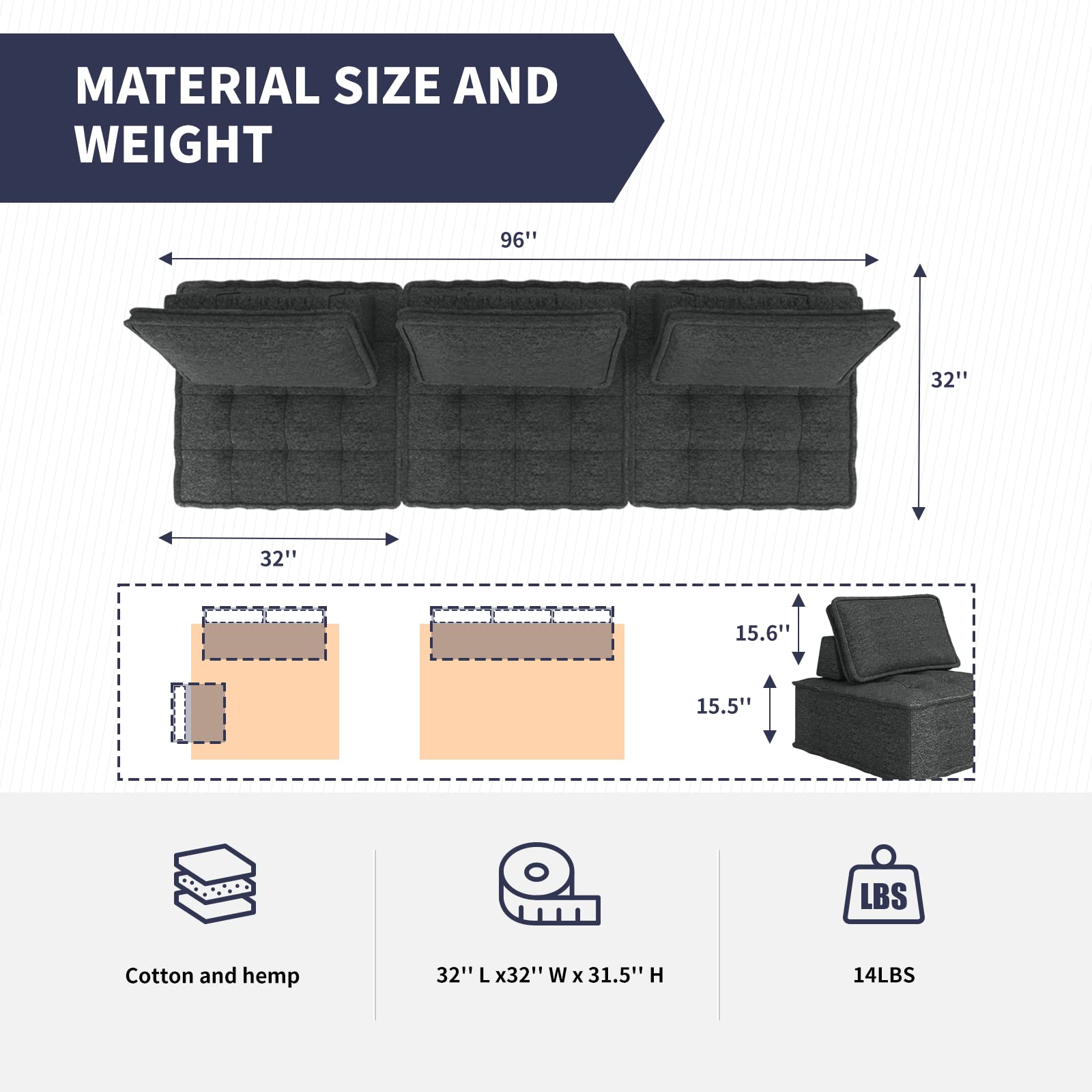 ZAFLY Modular Sectional Sofa Convertible L Shaped U Shaped Couch Sofa Living Room Furniture Sets Modern Armless Floor Sofa Couch for Living Room Bedroom, 3PCS (Dark Gray), Dark Grey