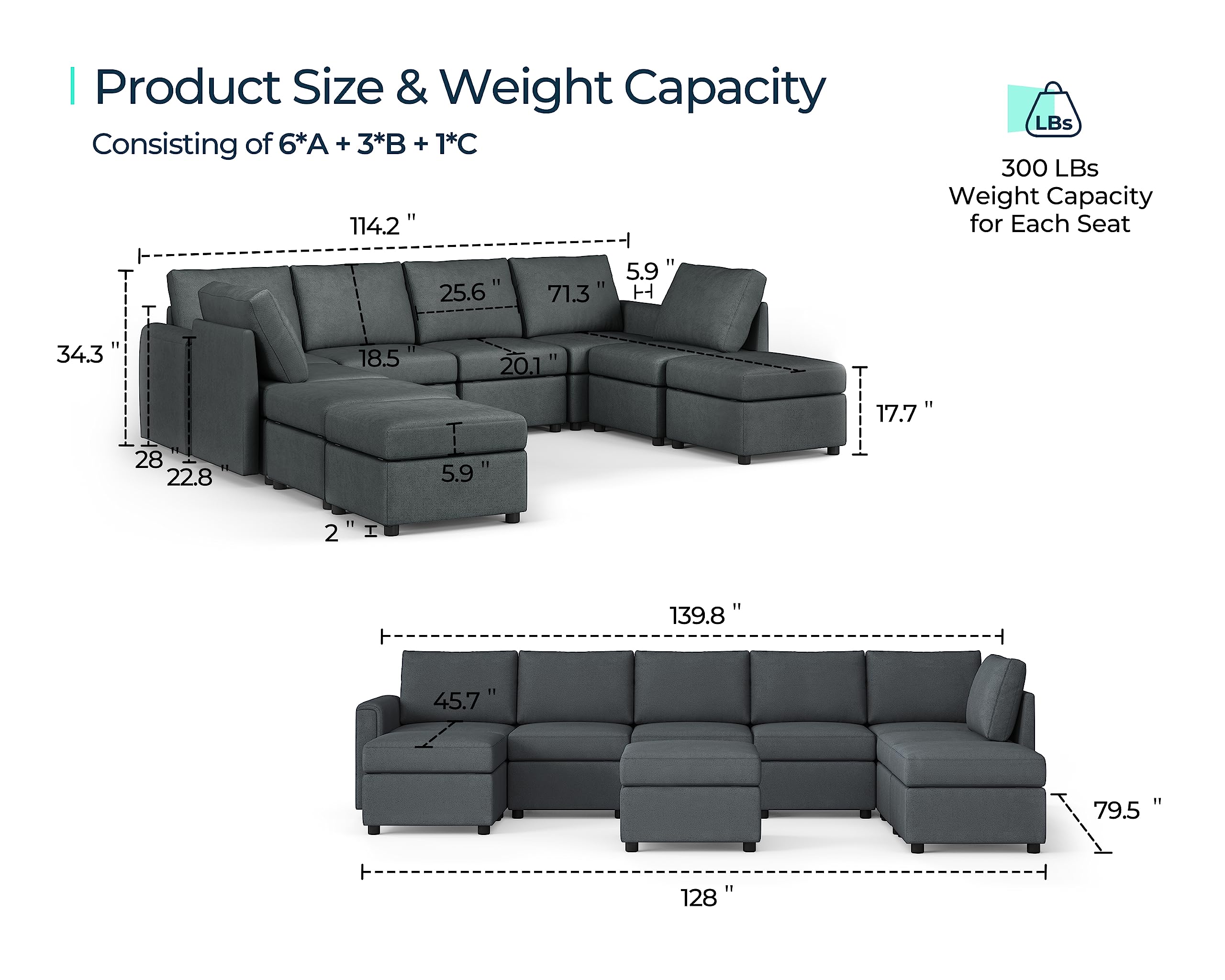 LINSY HOME Modular Sectional Sofa, Oversized Sectional Couch with Storage, Ottomans, Modular Sectional Sleeper Sofa with Memory Foam, 9 Seat U Shape Sofa Set for Living Room, Dark Grey