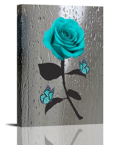 Rtriel Teal Rose Canvas Wall Art Turquoise Blue Flower Prints Contemporary Black and White Pictures for Bathroom Wall Decor 12 x 16 Inch