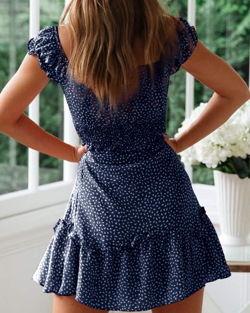 YOBECHO Womens Summer Ruffle Sleeve Sweetheart Neckline Printing Dress (XX-Large, Navy Blue)