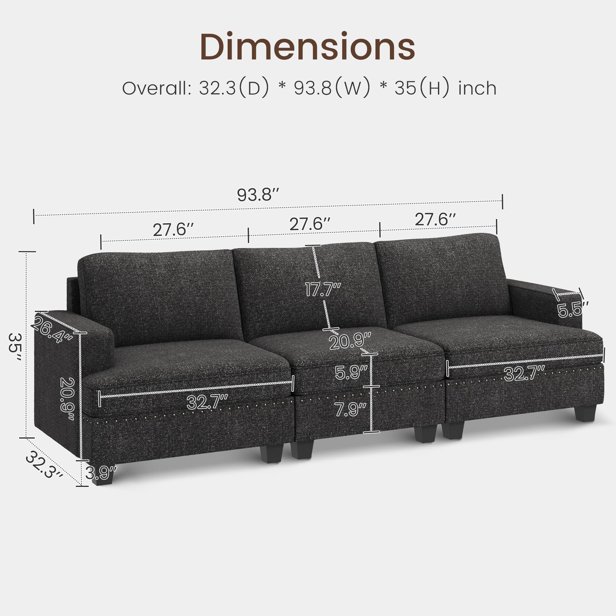 Nolany Modular Sofa Couch Upholstered Fabric Oversized 3 Seat Couch Sofa for Living Room, Dark Grey