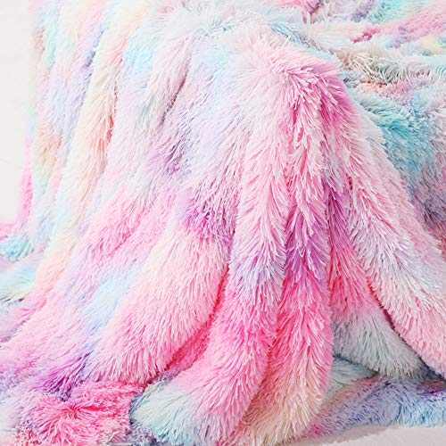 Amidoudou Super Soft Faux Fur Throw Blanket Plush Bedspread Blanket Tie-dye Blanket for Beds Couch Sofa (Rainbow,51"x63")