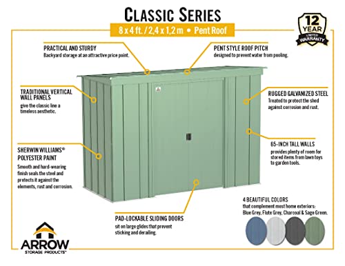 Arrow Shed Classic 8' x 4' Outdoor Padlockable Steel Storage Shed Building, Flute Grey