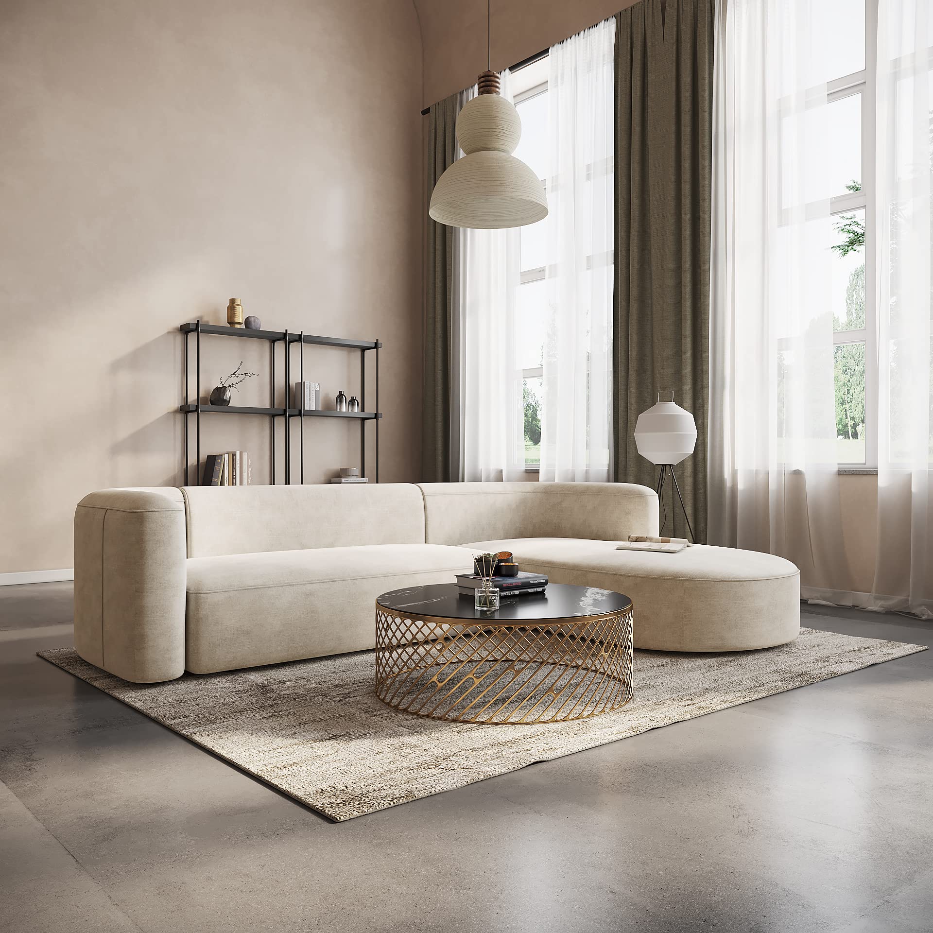 Acanva Luxury Modern Tight Curved Back Velvet Sofa, Minimalist Style Comfy Couch for Living Room Apartment, L-Shape Right Chaise, Cream