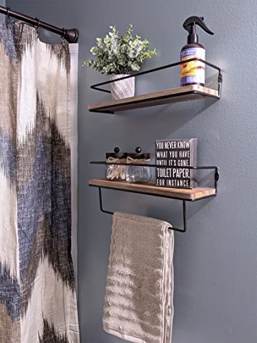 QEEIG Floating Shelves Bathroom Decor - Wall Shelf with Towel Bar Farmhouse 16 inch Set of 2, Rustic Brown (FS636)