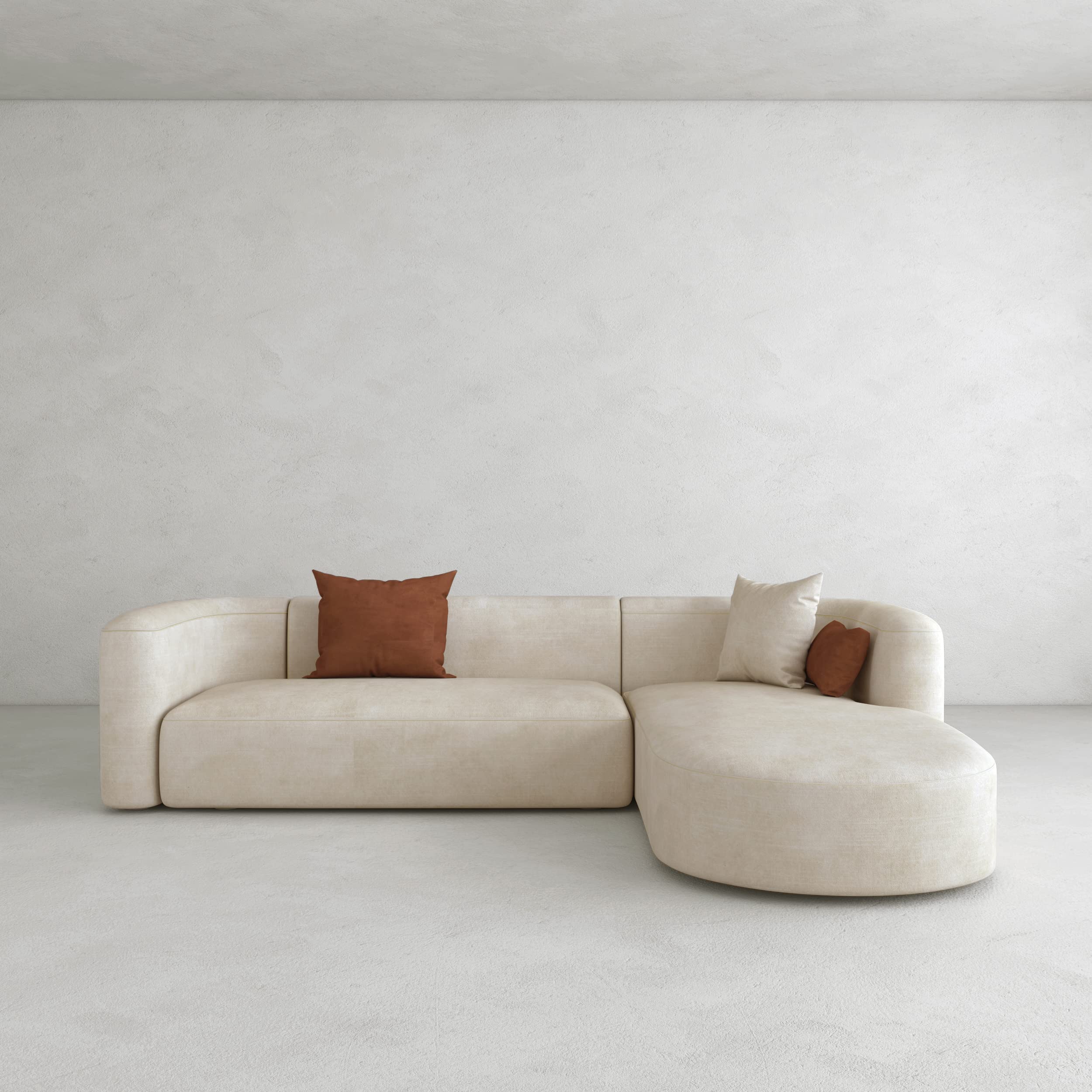 Acanva Luxury Modern Tight Curved Back Velvet Sofa, Minimalist Style Comfy Couch for Living Room Apartment, L-Shape Right Chaise, Cream