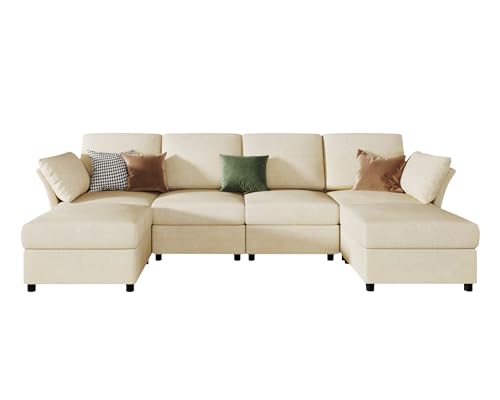 AMERLIFE Sectional Sofa, Modular Sectional Couch with Ottomans- 4 Seat Sofa Couch for Living Room, Convertible U Shaped Couch with Chaise, W57 xD54 xH37 Beige Loveseat
