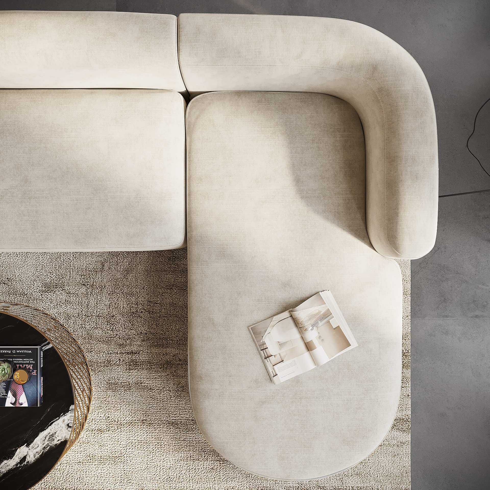 Acanva Luxury Modern Tight Curved Back Velvet Sofa, Minimalist Style Comfy Couch for Living Room Apartment, L-Shape Right Chaise, Cream