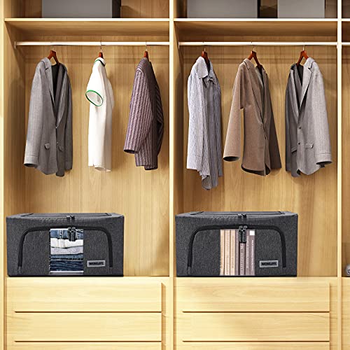 WONLIFE Folding Storage Box,Steel Frame Storage Box,Clear Collapsible Container,Foldable Cloth Storage Box,Closet Storage Bag,Stackable Storage Bins,Organizer/Handles/Window/Zipper(2-Pack,Darkgray,M)