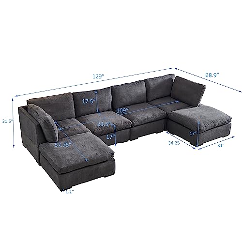 Free Combination Modular Sectional Sofa with Movable Ottoman, U Shaped Down Filled Upholstery Corner Couch with Pillow Backs, Comfy Convertible Cloud Sofa&Couch Bed for Living Room Furniture Sets