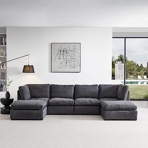 Free Combination Modular Sectional Sofa with Movable Ottoman, U Shaped Down Filled Upholstery Corner Couch with Pillow Backs, Comfy Convertible Cloud Sofa&Couch Bed for Living Room Furniture Sets