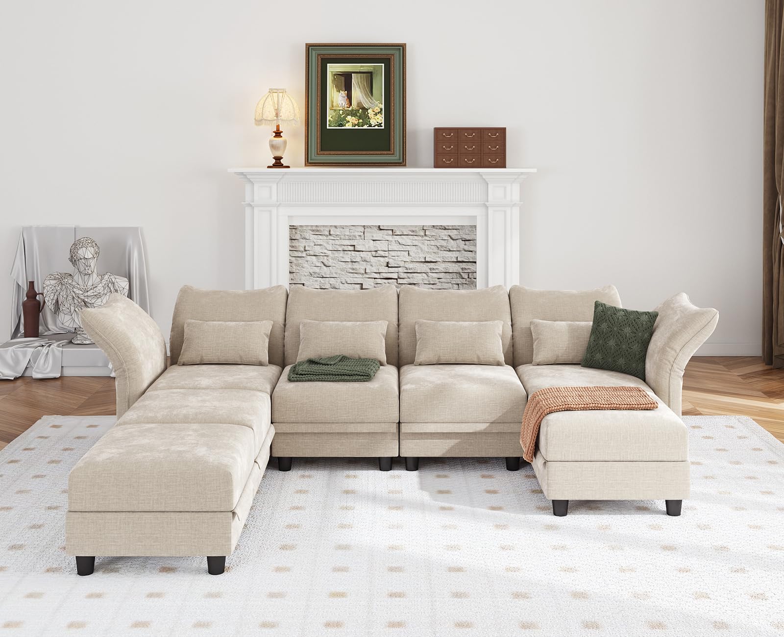 LLappuil 7 Seater Sectional Sofa Couch U Shaped Chenille Modular Sofa for Living Room with Ottoman, Adjustable Armrest/Backrest, 114.2" Width, Khaki