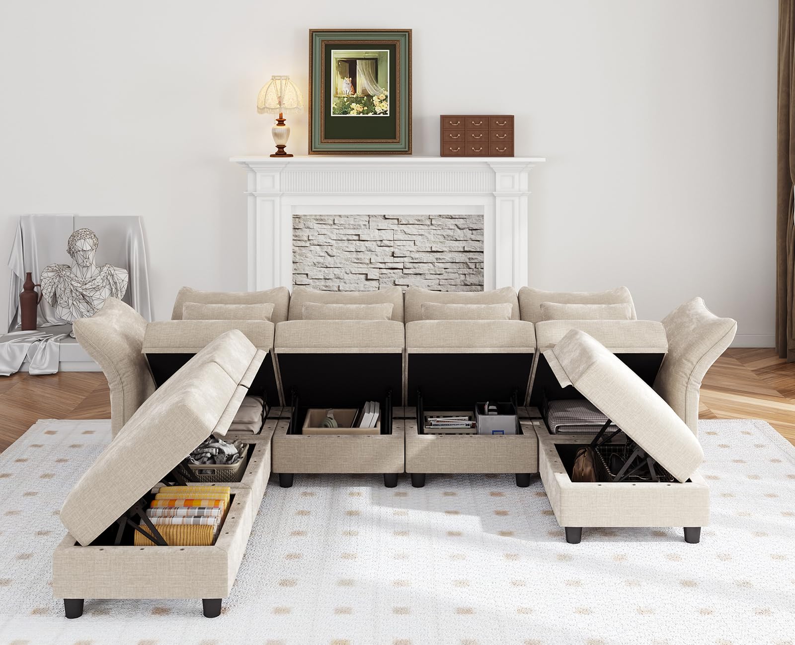 LLappuil 7 Seater Sectional Sofa Couch U Shaped Chenille Modular Sofa for Living Room with Ottoman, Adjustable Armrest/Backrest, 114.2" Width, Khaki