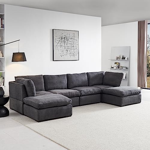 Free Combination Modular Sectional Sofa with Movable Ottoman, U Shaped Down Filled Upholstery Corner Couch with Pillow Backs, Comfy Convertible Cloud Sofa&Couch Bed for Living Room Furniture Sets