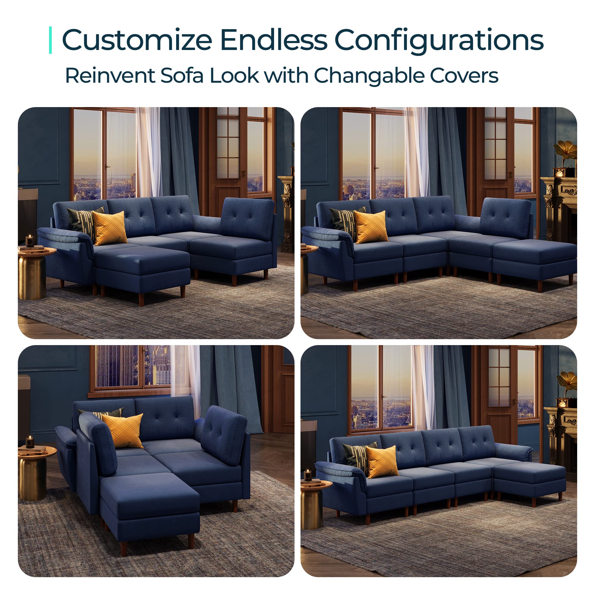 LINSY HOME Modular Sectional Sofa, Velvet Sectional Sofa Couch with Memory Foam, L Shape 5 Seat Modular Sectionals with Ottomans, Sleeper Sofa Couches with Chaise for Living Room, Blue