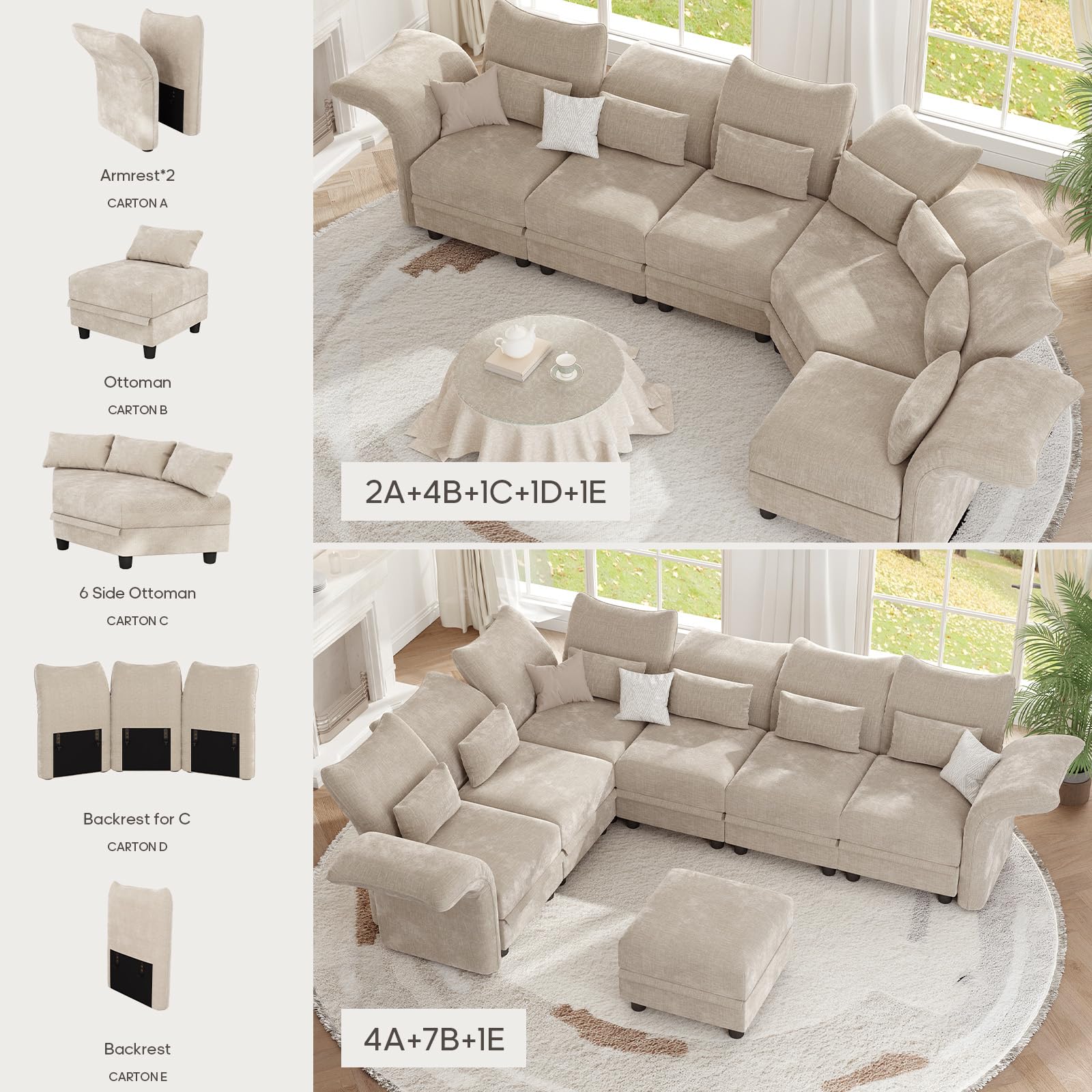LLappuil 7 Seater Sectional Sofa Couch U Shaped Chenille Modular Sofa for Living Room with Ottoman, Adjustable Armrest/Backrest, 114.2" Width, Khaki