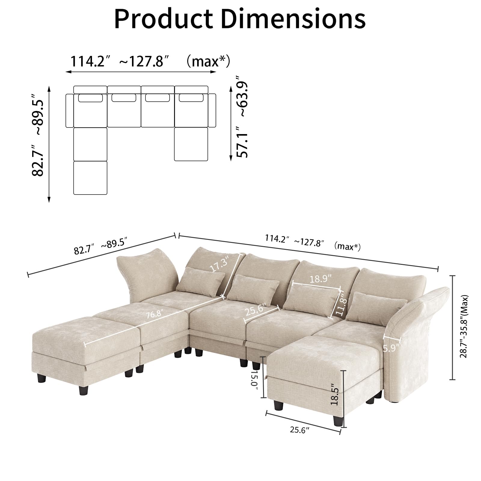 LLappuil 7 Seater Sectional Sofa Couch U Shaped Chenille Modular Sofa for Living Room with Ottoman, Adjustable Armrest/Backrest, 114.2" Width, Khaki
